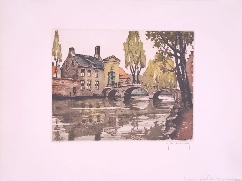 Engraving de Roger Hebbelinck, Bruges : Pont du Béguinage. on Amorosart